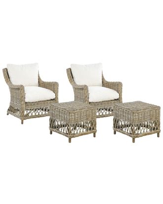 Beliani Gartensessel mit Hocker Rattan natürlich 2er Set Auflagen cremeweiß Boho Ribolla