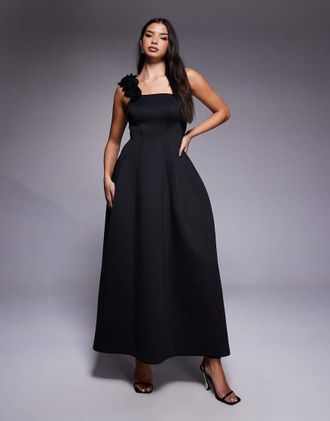 Asos Robe bandeau longue en imitation n&eacute;opr&egrave;ne &agrave; d&eacute;tails fleurs - Noir