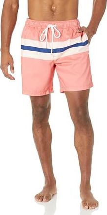 Amazon Essentials Short de Bain à Séchage Rapide Entrejambe 18 cm - couleurs abandonnées Homme, Bleu Rose Corail Rayures, XXL