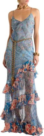 Etro Femme, Robes, Bleu, Taille: 38 FR Robe Longue en Soie avec Volants et Motif Floral