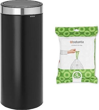Brabantia Poubelle Touch Bin unie 30 litres - Noir mat couvercle anti-traces de doigts - 115448 & Sacs Poubelle PerfectFit Blanc Ultra Résistant, Poignées Couli