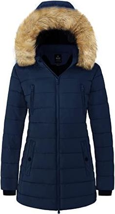 Wantdo Femme Blouson Rembourré Décontracté Veste Matelassée Manteau à Capuche Détachable Blouson Hiver Chaud Veste dExtérieur Slim Fit Bleu Foncé L