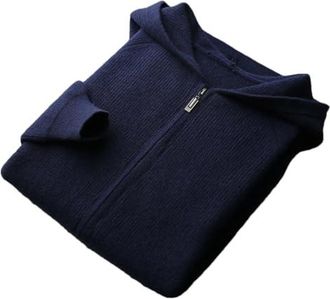 Generic Automne et Hiver Hommes Laine Mérinos Capuche Zipper Cardigan Tricot Manteau Épais Pull Chaud Chemise, bleu marine, L