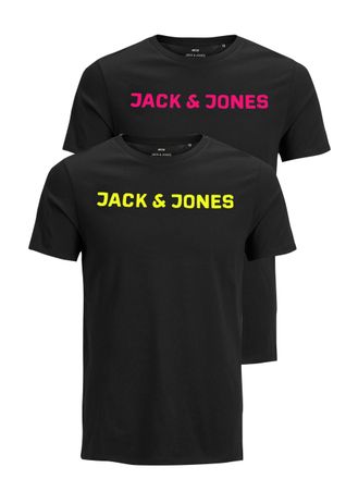 Jack & Jones Herren JJECORP Logo Tee SS Crew Neck 2er Pack T-Shirt, Black/A W. 2xBlack NEON Print, XXL