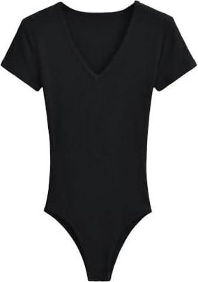 Generic YUJIEBB Body d&eacute;t&eacute; &agrave; manches courtes et col en V c&ocirc;tel&eacute; pour femme &eacute;lastique mince noir blanc top combinaisons, Noir, S