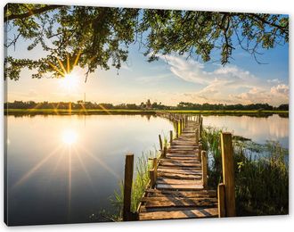 Pixxprint Holzbrücke über Natursee im Sommer, Größe: 100x70cm, Leinwandbild, fertig gespannt, Wandbild, Dekoration, Kunstdruck, kein Poster