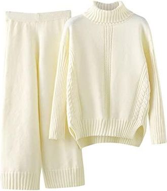 Generic Femme 2 Pcs Pull Ensemble Tricot&eacute; Hiver Sweater Top en Maille Sweatshirt Chaud Chandail Sport Pantalon Jambe Large Hiver Ensemble Sportswear Elegante 