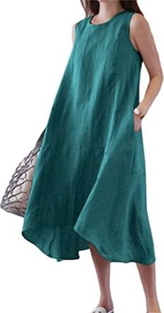 ORANDESIGNE Robe en Lin pour Femme Ete Manche Courte Robe Tunique Chic Col Rond Décontractée Ample Couleur Unie T-Shirt Robes Robe Midi Plage Robe Trapèze D Bleu 