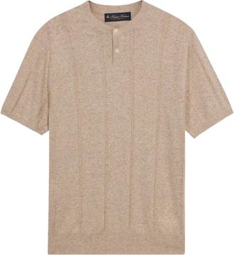 Brooks Brothers Homme, Pulls, Beige, Taille: XL T-shirt Henley en maille c&ocirc;tel&eacute;e plate coton-lin