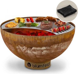 Blumfeldt Savage Feuerschale mit Grill, ø Feuerschale: 60,5 cm, Wasser- und frostfest, Brennstoff: Feuerholz oder Holzkohle, Material: Stahl, inkl