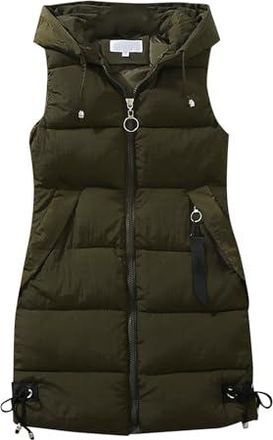 Generic Gilet sans manches mi-long pour femme - Veste matelassée à capuche pour lautomne et lhiver - En coton - Anorak avec ceinture synthétique - Taille 13, 