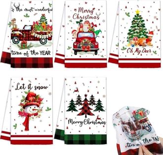 Generico Weihnachtliche K&uuml;chent&uuml;cher - 5-teiliges Geschirrtuch-Set f&uuml;r Weihnachten, und Elch des Weihnachtsmanns | Party zu Hause, Esszimmer, K&uuml;che, Backen