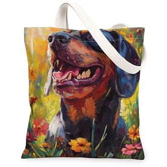 Generic Sac fourre-tout en toile motif chien coonhound printanier, 33 x 38,1 cm, motif fleurs color&eacute;es, sac d&eacute;picerie r&eacute;utilisable, sac &agrave; bandouli&egrave;re pour fem