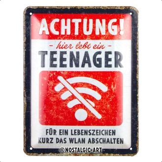 Nostalgic Art Retro Blechschild, 15 x 20 cm, Achtung Teenager WLAN - Warnschild als Geschenk-Idee, aus Metall, Vintage Design mit Spruch, Blechschilder Spr&uuml;che
