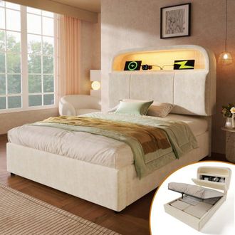 Generic Einzelbett 90x200 mit verstellbarem Headset und Stauraum - LED-Beleuchtung, USB/Typ-C-Ladestation und beige - Rahmen inklusive (ohne Matratze)
