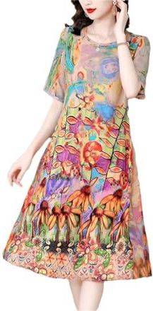 Generic Robe en soie de mûrier imprimée rétro à col rond et coupe ample pour femme, couleur, 5XL