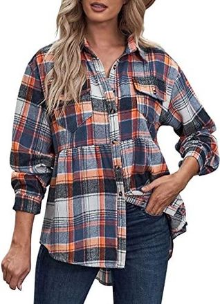 Generic Vestes pour femmes, chemises &agrave; carreaux, v&ecirc;tements dautomne surdimensionn&eacute;s, veste &agrave; manches longues, chemisier tendance, Orange, XXL