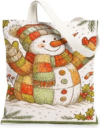 Generic Sacs fourre-tout en toile motif bonhomme de neige de No&euml;l, sacs d&eacute;picerie r&eacute;utilisables, vintage, l&eacute;gers, lavables, blanc, 13x15 Inch