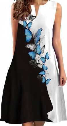 Ocean Plus Damen Sommer Mittellanges L&auml;ssiges &Auml;rmelloses Kleid Rundhalsausschnitt Freizeitkleid ohne &Auml;rmel in &Uuml;bergr&ouml;&szlig;e (XXL, Blaue Schmetterlinge)