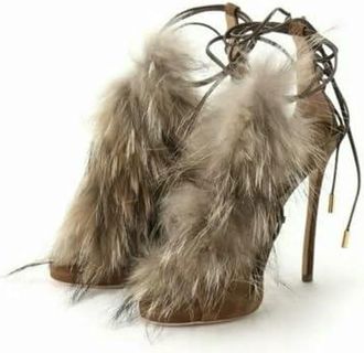 Generic YUJIEBB Sandales r&eacute;tro &agrave; lani&egrave;res en fausse fourrure Bout rond Crois&eacute; Stiletto Daim Chaussures habill&eacute;es &agrave; lacets fins talons hauts printemps femmes, 