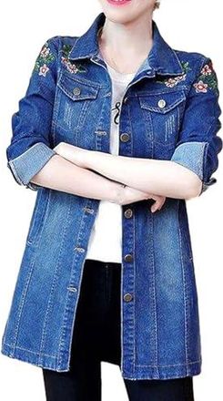 Generic Veste en jean pour femme - Coupe ajustée - Col boutonné - Manches longues - Brodé - Automne - Tendance - Streetwear - Avec poches, bleu, XL