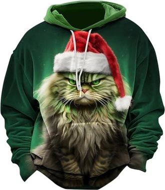 Generic Sweat &agrave; capuche de No&euml;l pour homme avec imprim&eacute; chat - Mode classique - Pull &agrave; cordon de serrage - Hauts surdimensionn&eacute;s - Costume dhiver pour homme, 