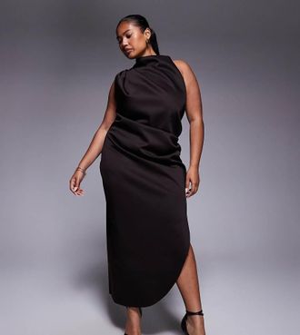 Asos Curve ASOS DESIGN Curve - Midikleid aus neoprenartigem Stoff in Schokobraun mit One-Shoulder-Träger-Brown