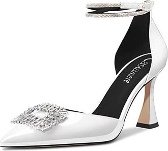 Castamere Femmes Haut High Bloc Chunky Talon Heel Lani&egrave;res Cheville Diamant Cristal Pointu Bout Escarpins 8.5 CM Heels Blanc 37 EU