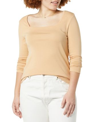 Amazon Essentials Damen T-Shirt Mit Langen Ärmeln Und Eckigem Ausschnitt Mit Schmaler Passform, Helles Kamelbraun, XXL
