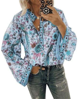 ORANDESIGNE Damen Vintage Bohemian Blusen Hippie Blumen Bluse Boho Tunika Elegante Oberteile Tops Langarm Shirt A Blau 3XL