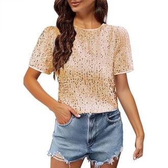 Generic Top femme &agrave; manches courtes avec paillettes, confortable chemisier ras du cou &agrave; sequins occasionnels pull top l&eacute;ger t-shirt basique pull top pour disc