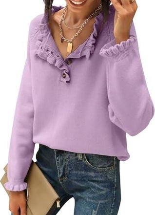 Generic Pull col V Femme, Collection Automne Hiver 2025, Manches Longues, Col Rond &agrave; Volants, Violet, Taille XL