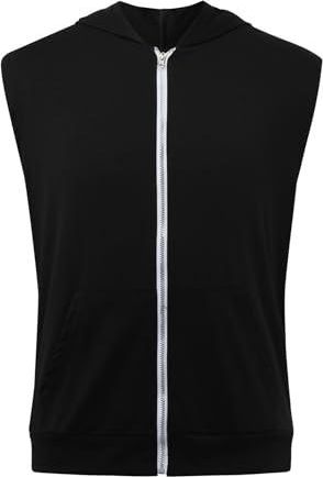 Generic Débardeur dentraînement à capuche pour homme avec fermeture éclair sans manches, Noir, XXL