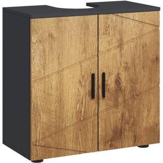 HOMCOM Meuble sous vasque lavabo meuble de salle de bain 2 portes avec &eacute;tag&egrave;re 60 x 30 x 60 cm gris anthracite et aspect bois-Ch&ecirc;ne