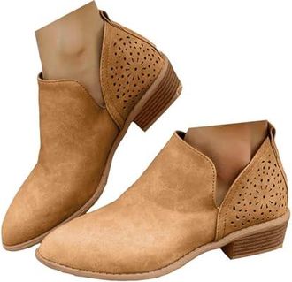 Generic Bottines pour femme à talon bas avec découpe en V - Bottes plates perforées en daim synthétique - Talon empilé - Bout rond - Bottes occidentales décou