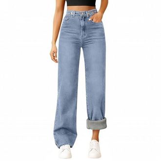 Generic Jean moulant large avec doublure en polaire thermique pour femme - Jambe droite - Taille haute - Taille basse, Bleu clair-c, XL
