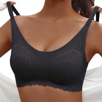 Generic Bralettes Damen Push Up Deep Cup Bra Mit Abnehmbare Träger Damen Sport BHS Uplift Bra Spitzen BH Minimizer Seamless Rückenfrei BH Bustier Spitze Schwa