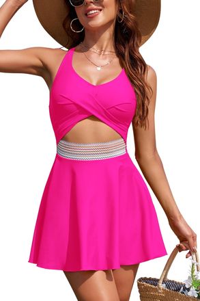 SHEKINI Damen Einteiliger Badeanzug Badeanzugkleid Elegant Ruched Badekleid Einteilige Schwimmanzug(Rosa,XXL)