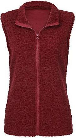 Generic Vestes pour femmes 2026 avec poche et fermeture &eacute;clair, couleur unie, sans manches, revers ample, manteau ample, Rouge, S