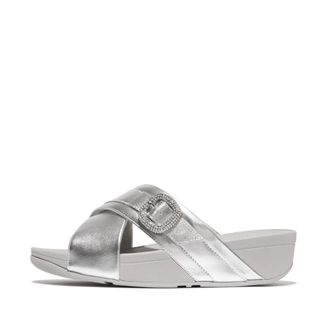 FitFlop Damen Lulu Crystal-Buckle Metallic-Leather Cross Slides Sandale, Silber, 41 EU