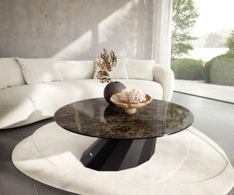 DELIFE Couchtisch Edge Rund 100x100 cm Keramik Emperador Extra Lucidato Dunkelbraun Parabi Metall Schwarz, Couchtische