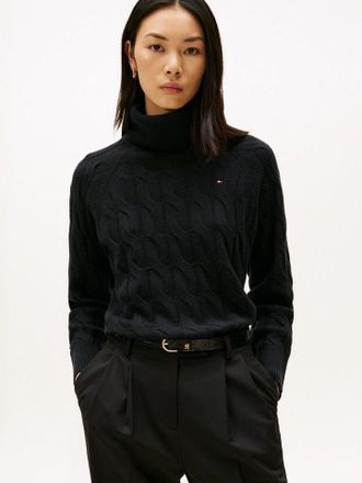 Tommy Hilfiger Rollkragenpullover SOFT WOOL CABLE ROLL-NK LS SWT mit Zopfmuster, aus reiner Wolle