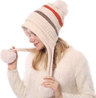 Tendycoco Bonnet p&eacute;ruvien en Tricot avec Pompon - Bonnet p&eacute;ruvien - dhiver pour Femme, Beige