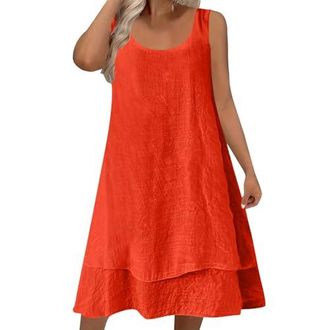 Generic Robe d&eacute;t&eacute; pour femme en coton et lin sans manches - Robe d&eacute;t&eacute; d&eacute;contract&eacute;e pour femme - Robe midi sans manches en lin - Robe de plage ample - Robe d&eacute;t