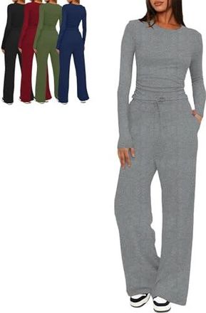 Generic Ensemble d&eacute;contract&eacute; pour femme T-shirt fronc&eacute; et pantalon &agrave; cordon de serrage, G, XXL