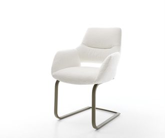 DELIFE Freischwinger Yago-Flex mit Armlehnen Boucl&eacute; Creme-Wei&szlig; Freischwinger flach Effektfinish Titan Taschenfederkern, Esszimmerst&uuml;hle