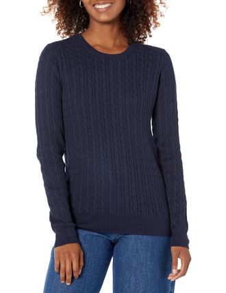 Amazon Essentials Damen Leichter Langarm-Pullover Mit Rundhalsausschnitt Mit Zopfmuster (Erh&auml;ltlich In &Uuml;bergr&ouml;&szlig;e), Marineblau, XL