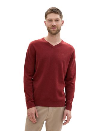Tom Tailor Herren 1039806 Basic Pullover mit V-Ausschnitt aus Baumwolle, 35676-burgundy Dark red Melange, XXL