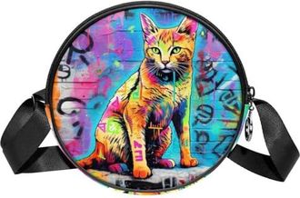 Generic Sac &agrave; bandouli&egrave;re rond rond pour femme, motif graffiti de chat, avec fermeture &eacute;clair, bretelles r&eacute;glables, d&eacute;contract&eacute;