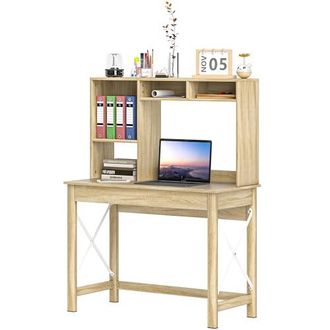 HOMCOM Bureau avec Rangement Bureau biblioth&egrave;que en Bois Moderne avec &eacute;tag&egrave;res et Grand Plateau pour Petits espaces Maison Chambre &agrave; Coucher, 105 x 50 x 137,